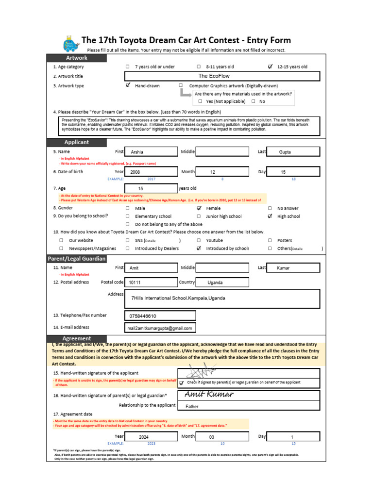 Toyota Dream Car Art Contest Entry Form | PDF