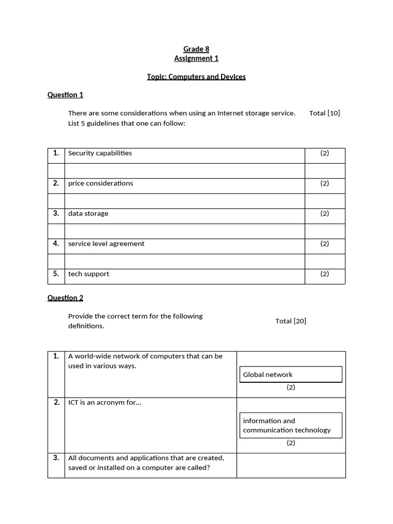 Grade 8 - Assignment 1 - Questions | PDF