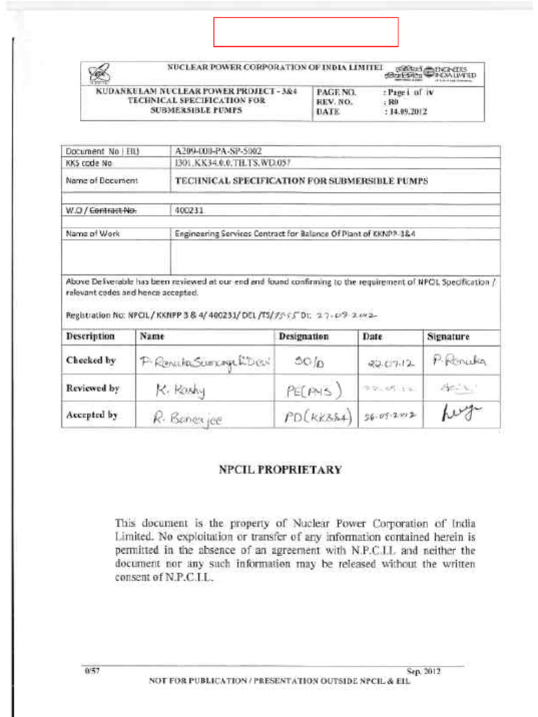 NPCIL Specifications For Submersible Pump | PDF | Pump | Specification (Technical Standard)