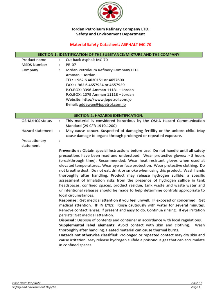 Asphalt - mc-70-2022 MSDS | PDF | Water | Oxide