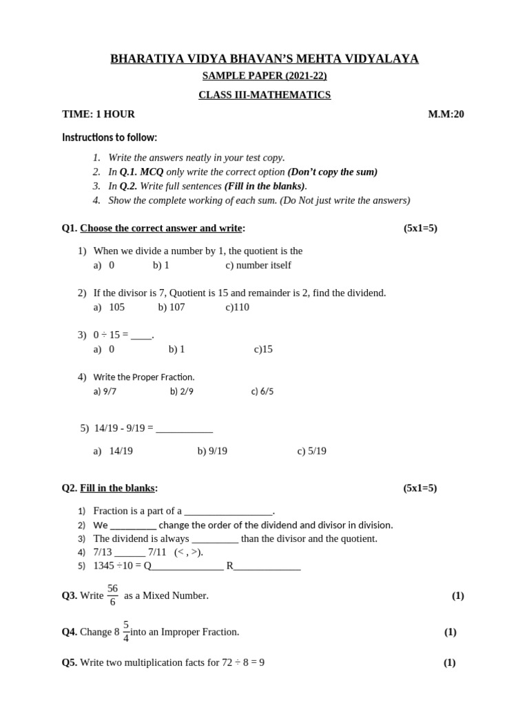 Class 3 Sample paper | PDF