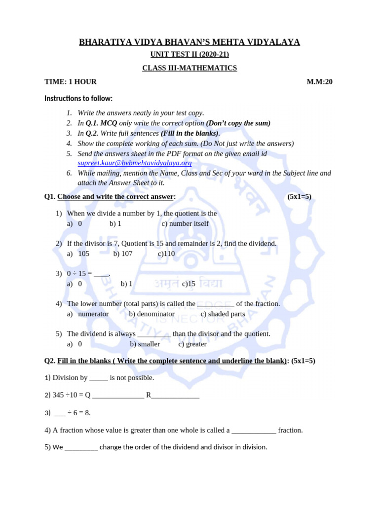 Class 3 Maths Unit Test 2 2020 21 Pdf