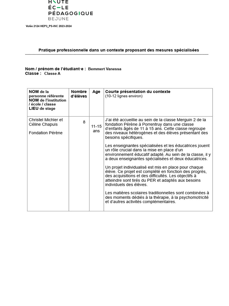 Bilan Stage ClasseA Bemmert Vanessa PDF | PDF