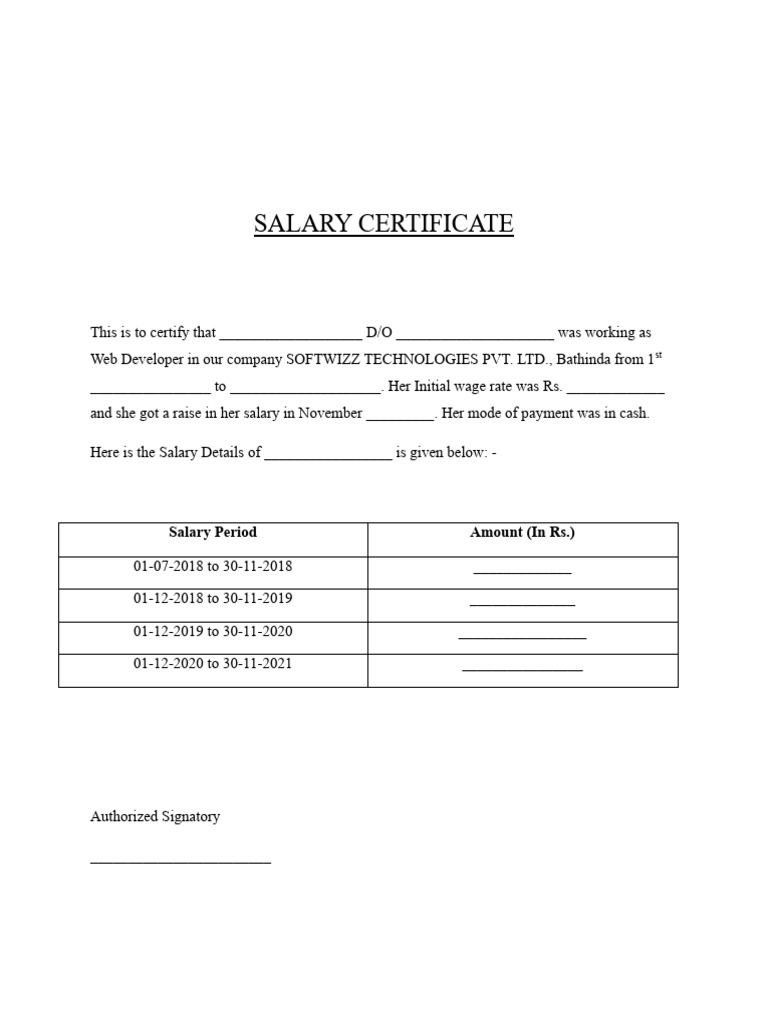 Salary Certificate Template for Cash Payments | PDF