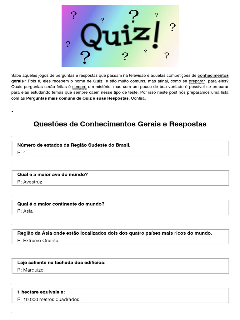 Quiz, Perguntas de Conhecimentos Gerais Com Respostas para Estudar | PDF