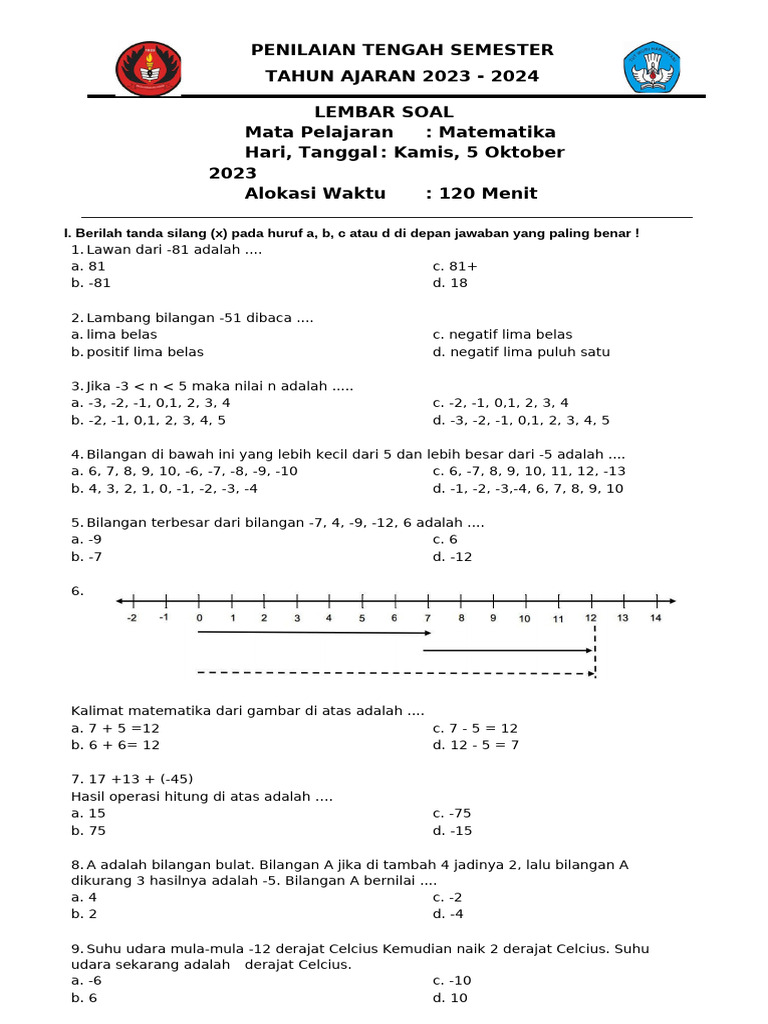 Soal-PTS-Matematika-K13-Kelas 6-Semester-1-T.A 2023-2024 | PDF