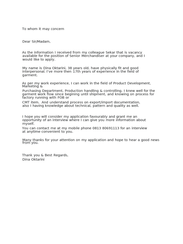 Application Letter For Sr. Merchandiser | PDF