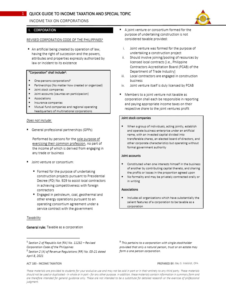 ACT 183 Handout 5 Income Tax On Corporations 1 | PDF