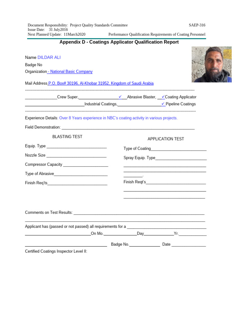 SAEP 316 Appendix D Form | PDF | Industrial Processes | Technology ...