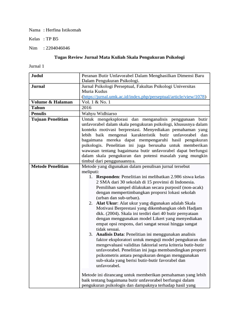 Tugas Skala Pengukuran Psikologi (Herfina Istikomah - 2204046046) Review Jurnal | PDF