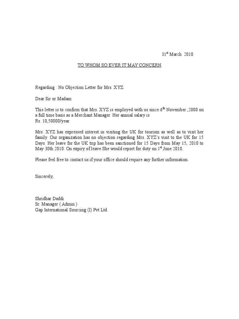 No Objection Letter for Mrs. XYZ | PDF | Business