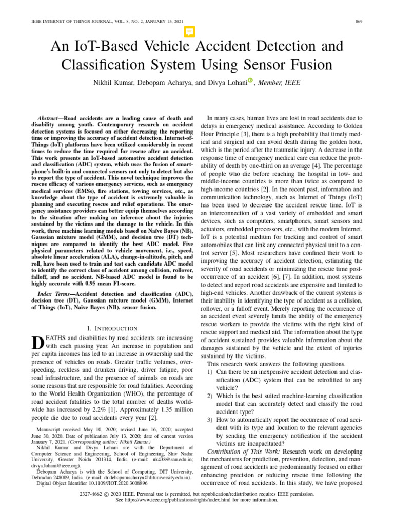 An IoT-Based Vehicle Accident Detection and Classification System Using Sensor Fusion | PDF