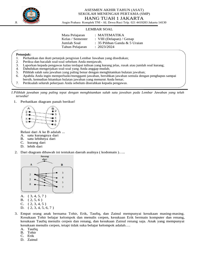 SOAL ASAT MTK Kelas 8 2024 | PDF