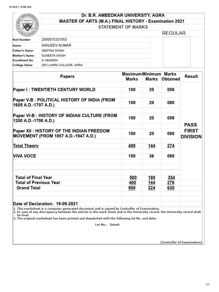 Regular: Statement of Marks | PDF