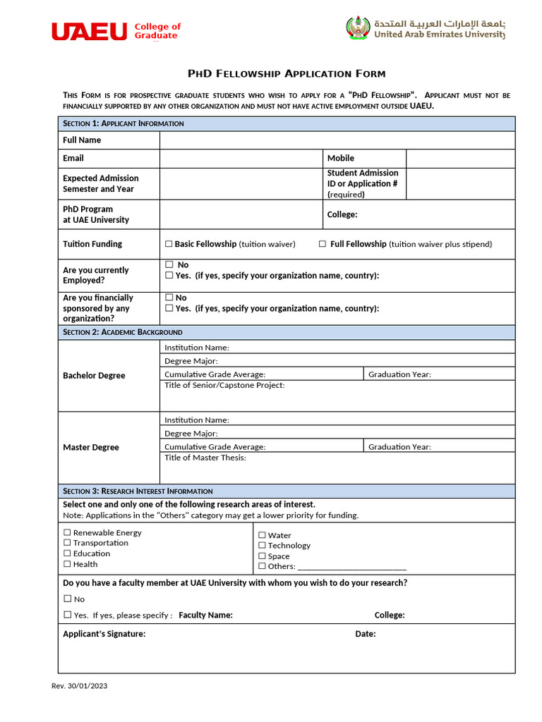PHD Fellowship Application Form Updated 2023 | PDF