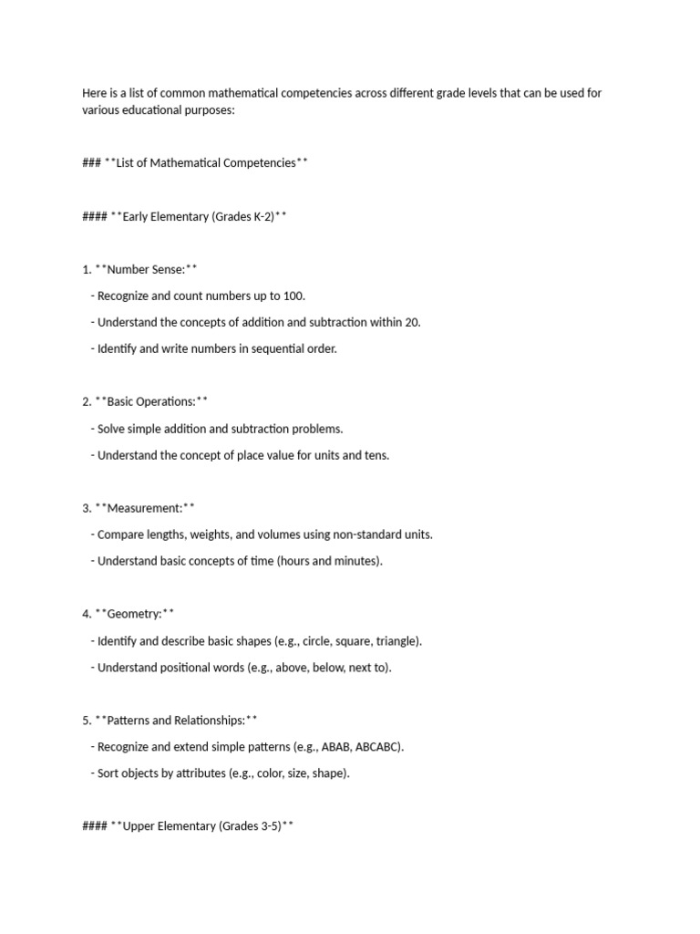 Mathematical Competencies Across Different Grade Levels That Can Be ...