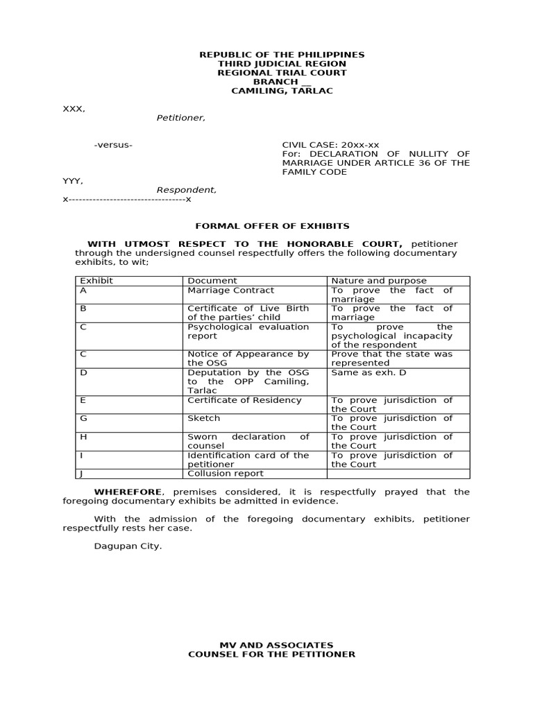 Formal Offer of Documentary Exhibits (Sample) | PDF