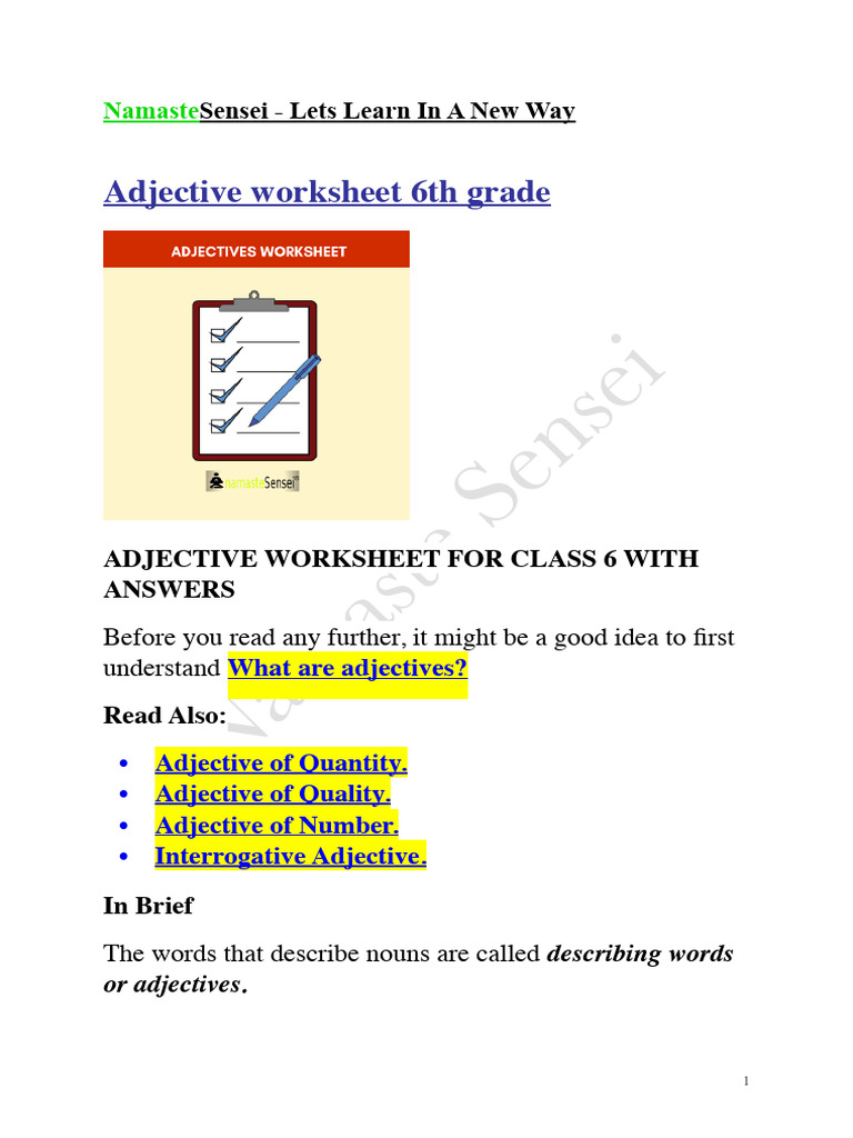 Adjective Worksheet for Class 6 | PDF