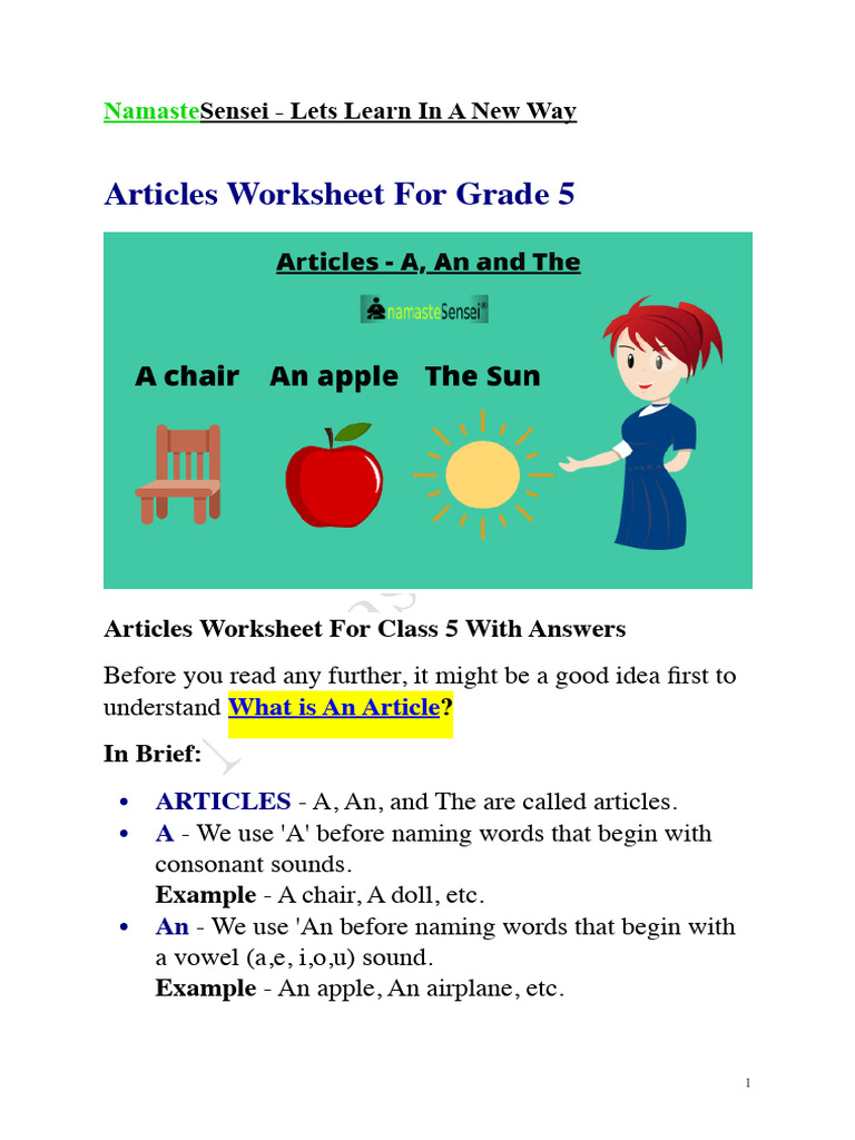 Articles Worksheet For Class 5 With Answers | PDF