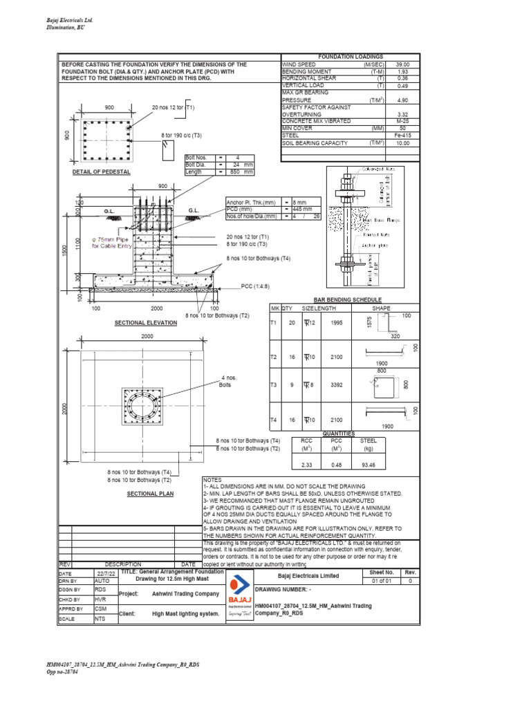 BAJAJ 12.5 Meter Highmast Foundation Drawing | PDF