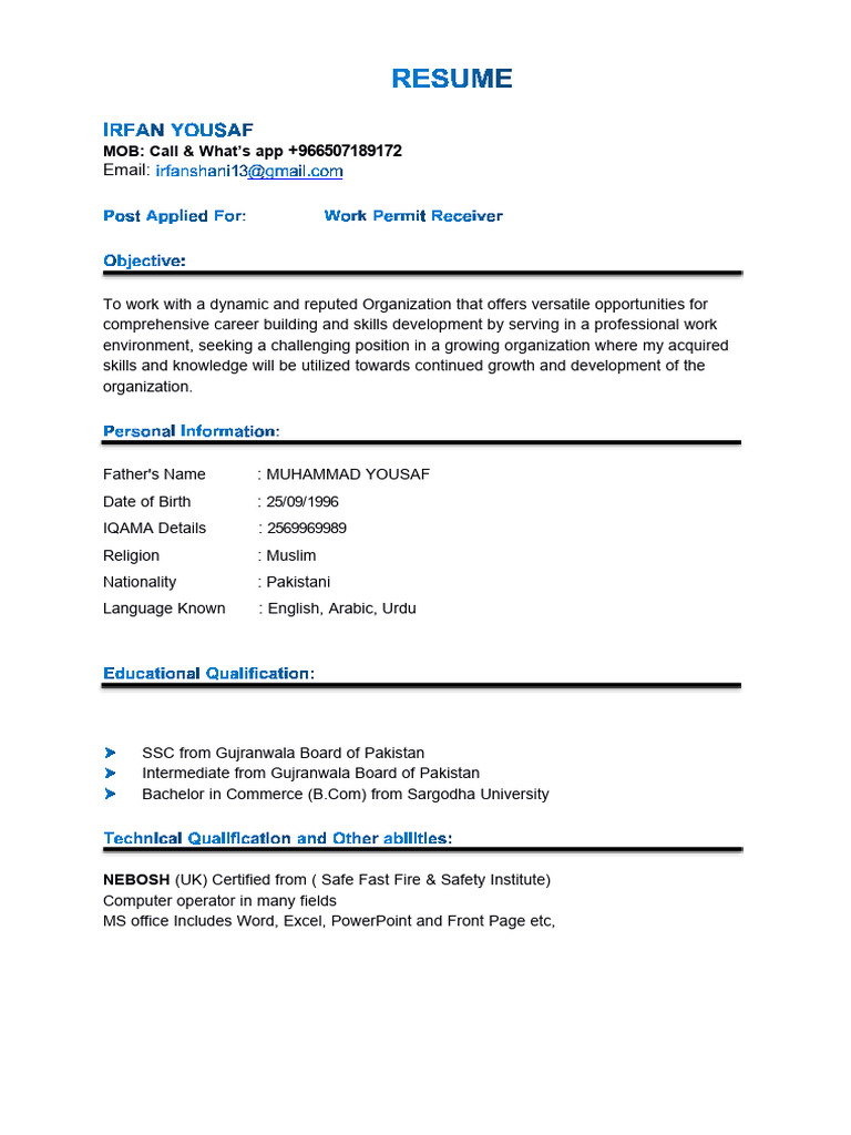 Irfan Yousaf - WPR Resume | PDF | Safety | Business