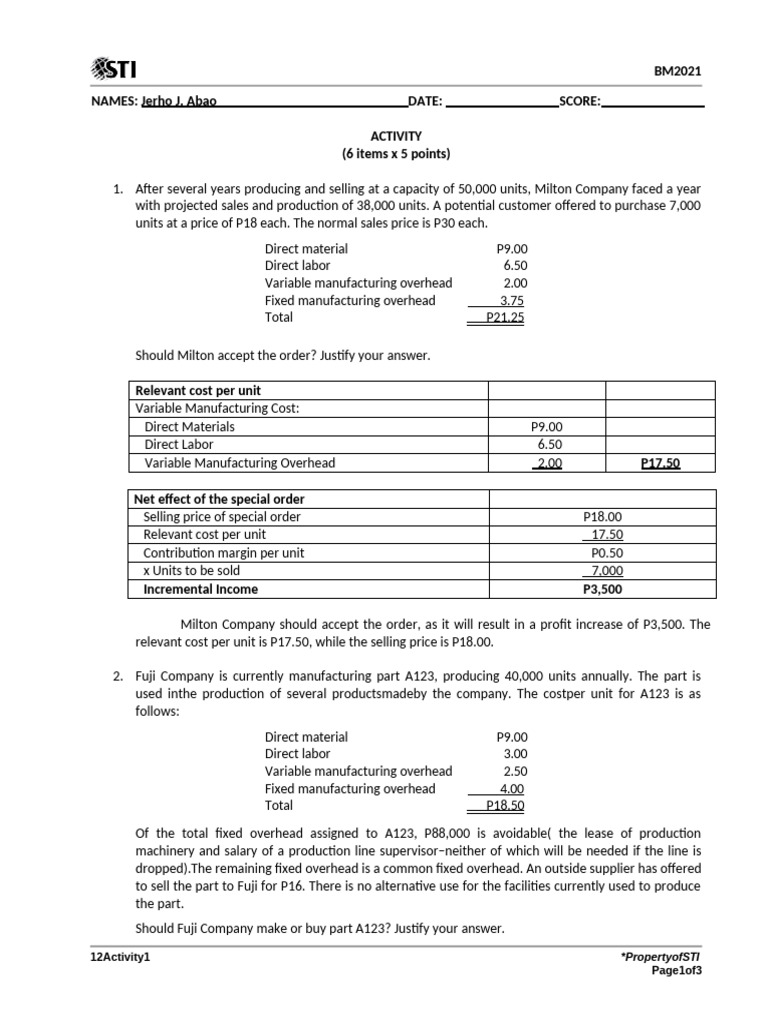 Abao - 12 Activity 1 - Cost | PDF | Financial Economics | Finance & Money Management