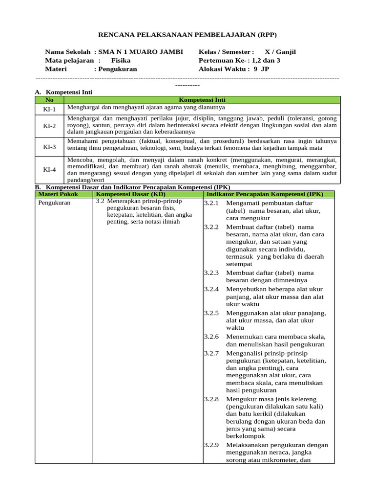 RPP 2 - Pengukuran Vony Kelas X | PDF