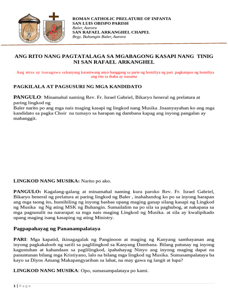 ANG RITO NANG PAGTATALAGA SA MGABAGONG KASAPI NANG TINIG NI SAN RAFAEL ...