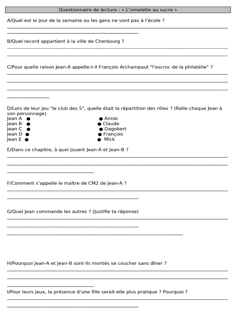 Questionnaire lecture l'omelette au sucre 2 | PDF