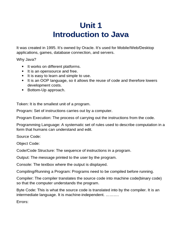 Unit 1 - Introduction To Java | PDF