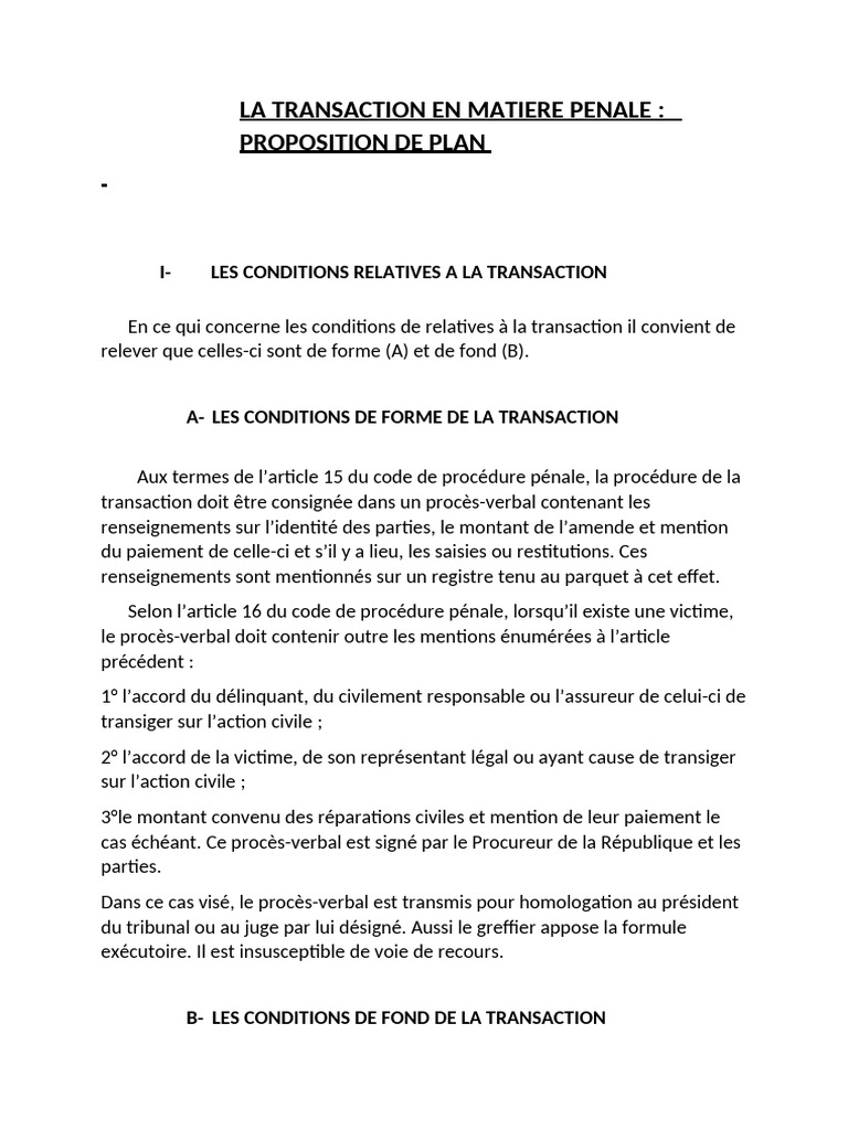 La Transaction en Matiere Penale Proposition de Plan | PDF
