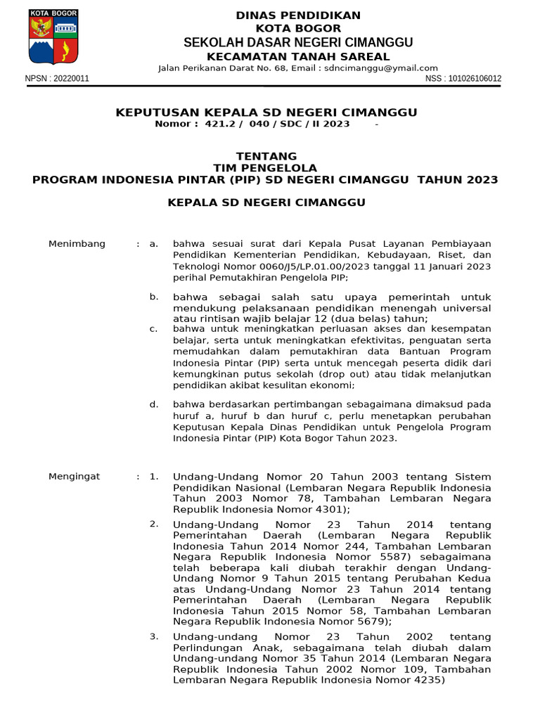 SK Pengelola PIP 2023 - SDN Cimanggu | PDF