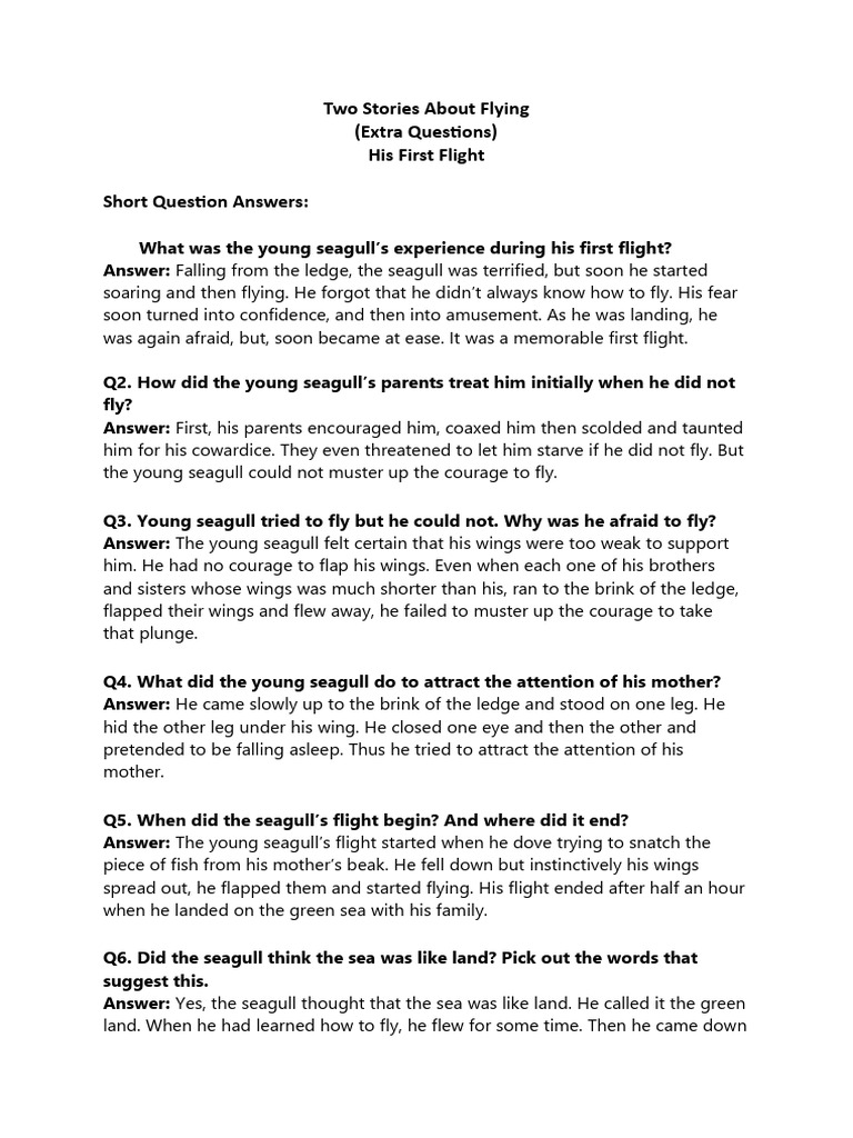 Two Stories About Flying (Extra Questions) | PDF