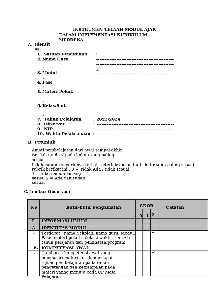 Instrumen Telaah Modul Ajar Kur Merdeka | PDF