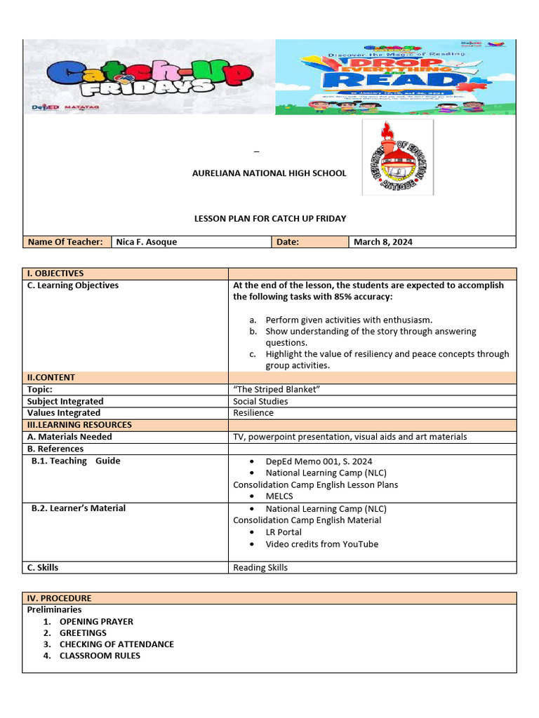 Catch Up Friday Lesson Plan With Intervention Conso and Enhancement Group | PDF | Lesson Plan ...