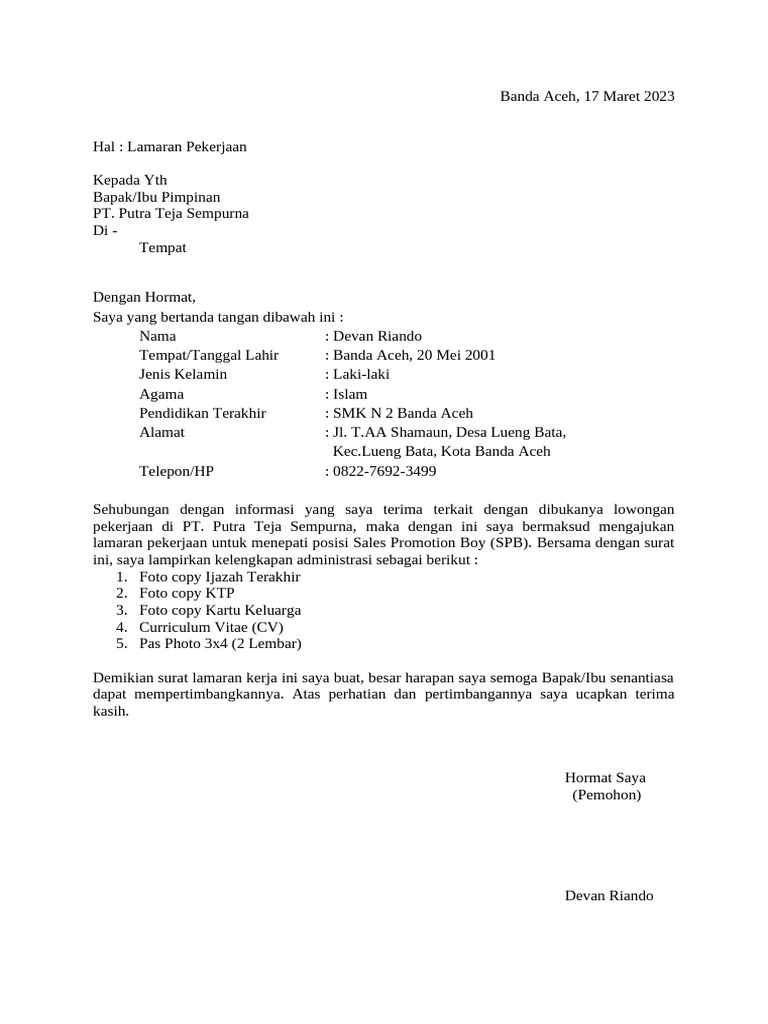 Surat Lamaran Devan | PDF