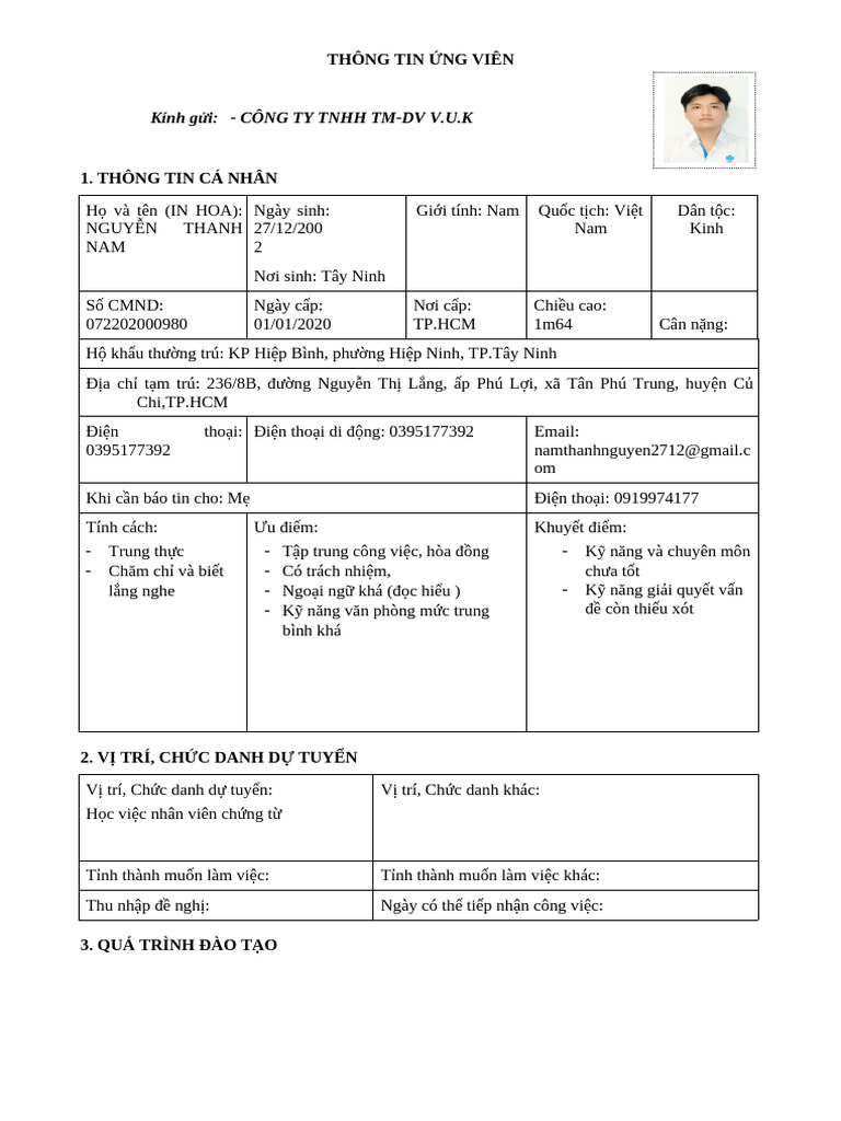 CV - Ung Tuyen - Hocviecxnk - Nguyenthanhnam | PDF