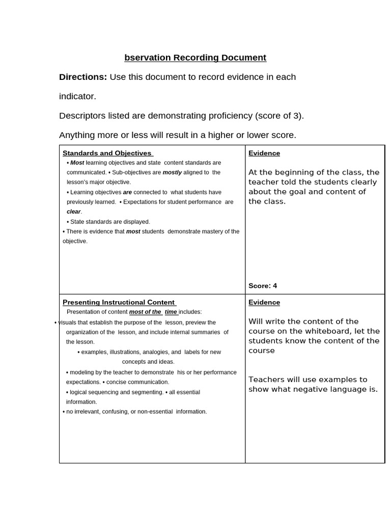 Bservation Recording Document | PDF