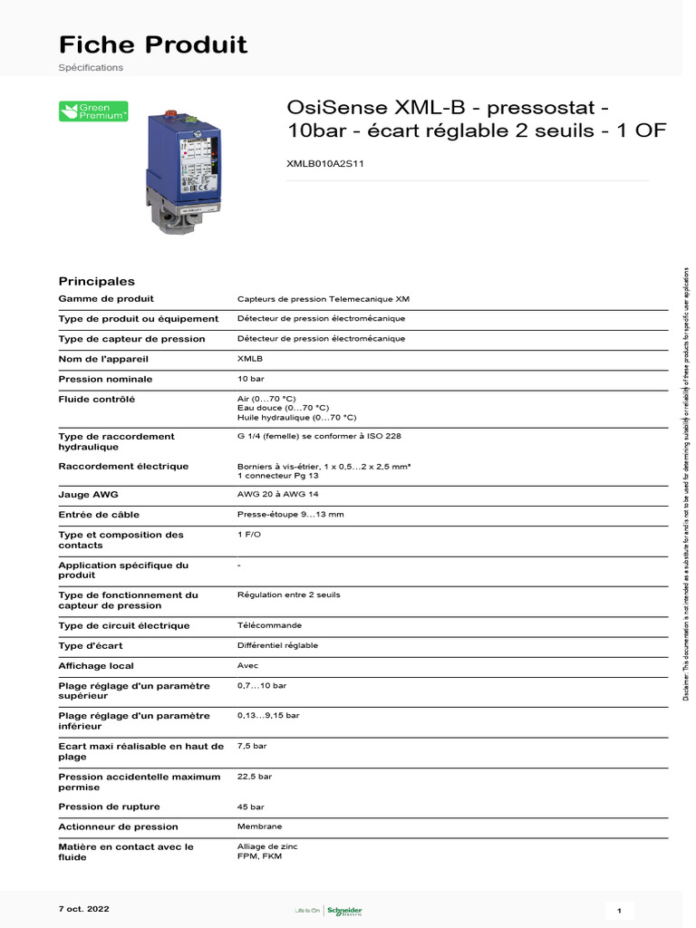 Schneider Pressostat XMLB010A2S11 | PDF