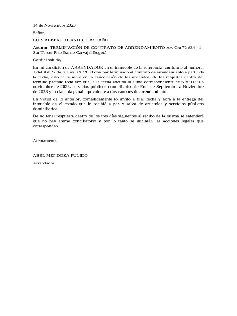 Carta de Terminacion de Contrato de Apartamento | PDF