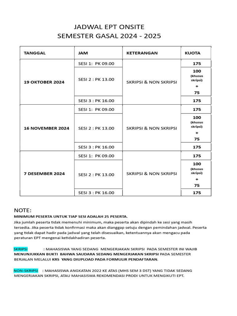 Jadwal Ept Onsite Semester Gasal 2024-2025 | PDF