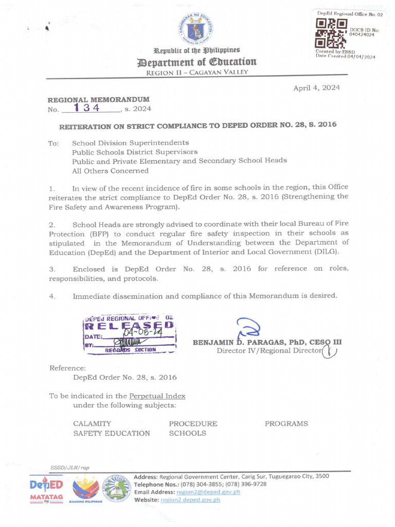 REGIONAL MEMORANDUM NO. 134 S. 2024 REITERATION ON STRICT COMPLIANCE TO DEPED ORDER NO. 28 S ...