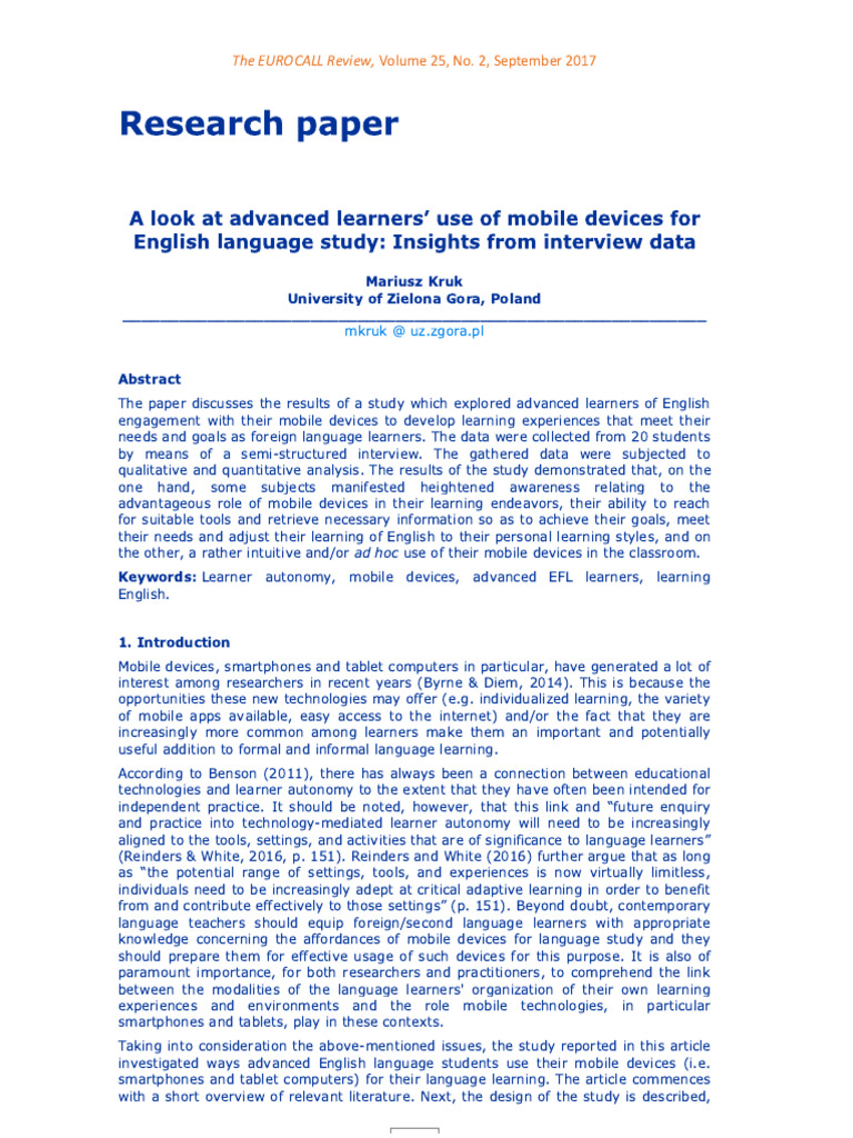 A Look at Advanced Learners' Use of Mobile Devices | PDF