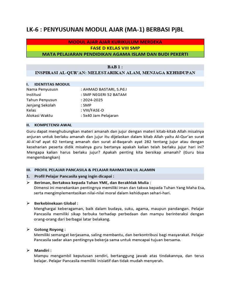 LK-6 MODUL AJAR BERBASIS PJBL | PDF | Islamic Texts | Quran