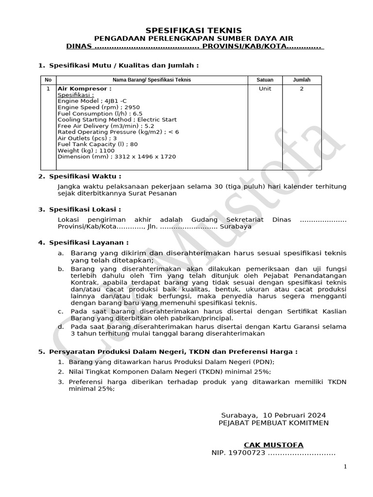 CONTOH - Dokumen Spesifikasi Teknis Air Compressor - Cak Mustofa | PDF
