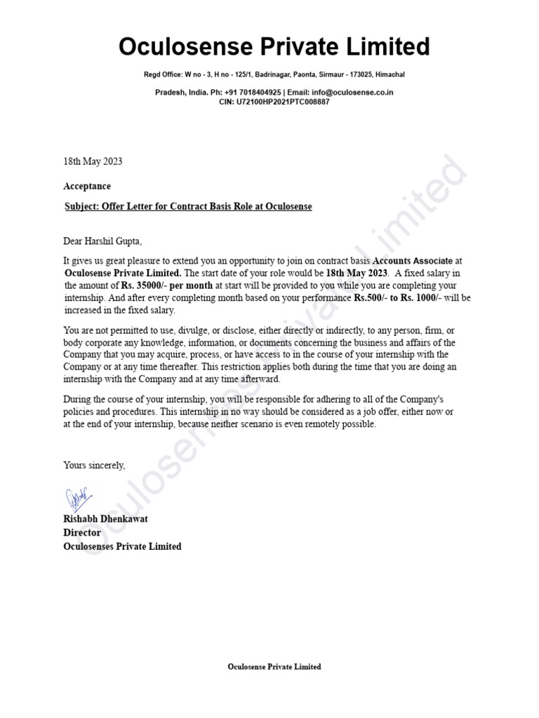 Harshil Gupta Offer Letter | PDF