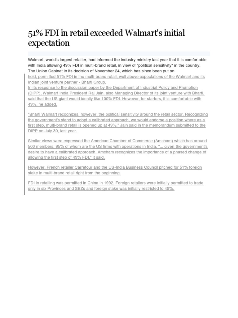 51% FDI in Retail Exceeded Walmart's Initial Expectation | PDF ...