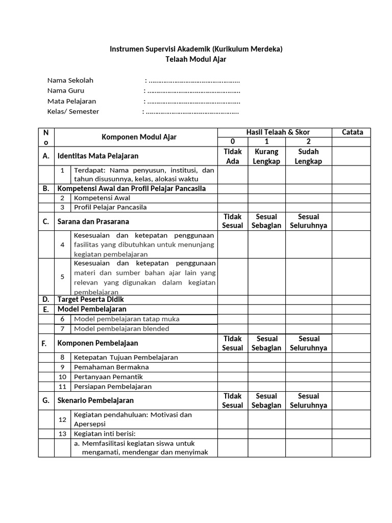 Instrumen Supervisi Penelaahan Modul Ajar | PDF