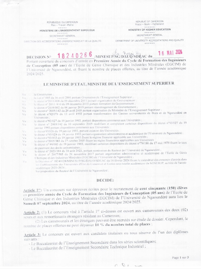 Concours EGCIM UN 2024 1ere Annee Ingenieurs de Conception FR | PDF