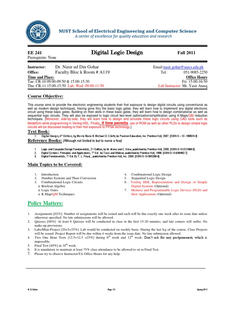 EE 241 Digital Logic Design - Course Outline | PDF | Logic Gate | Boolean Algebra
